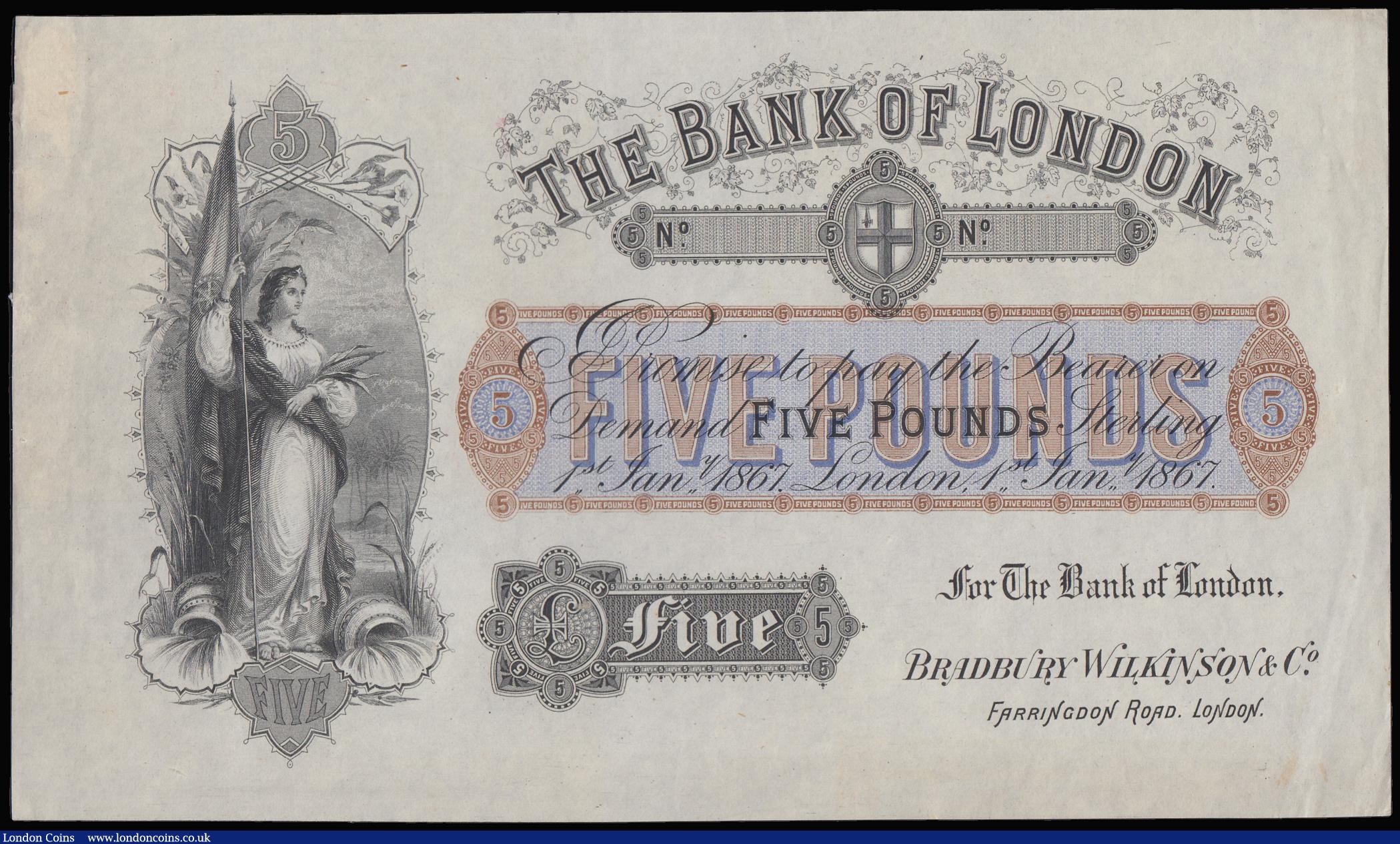 The Bank of London Five Pounds Bradbury Wilkinson 1 Jan 1867 Farring ...